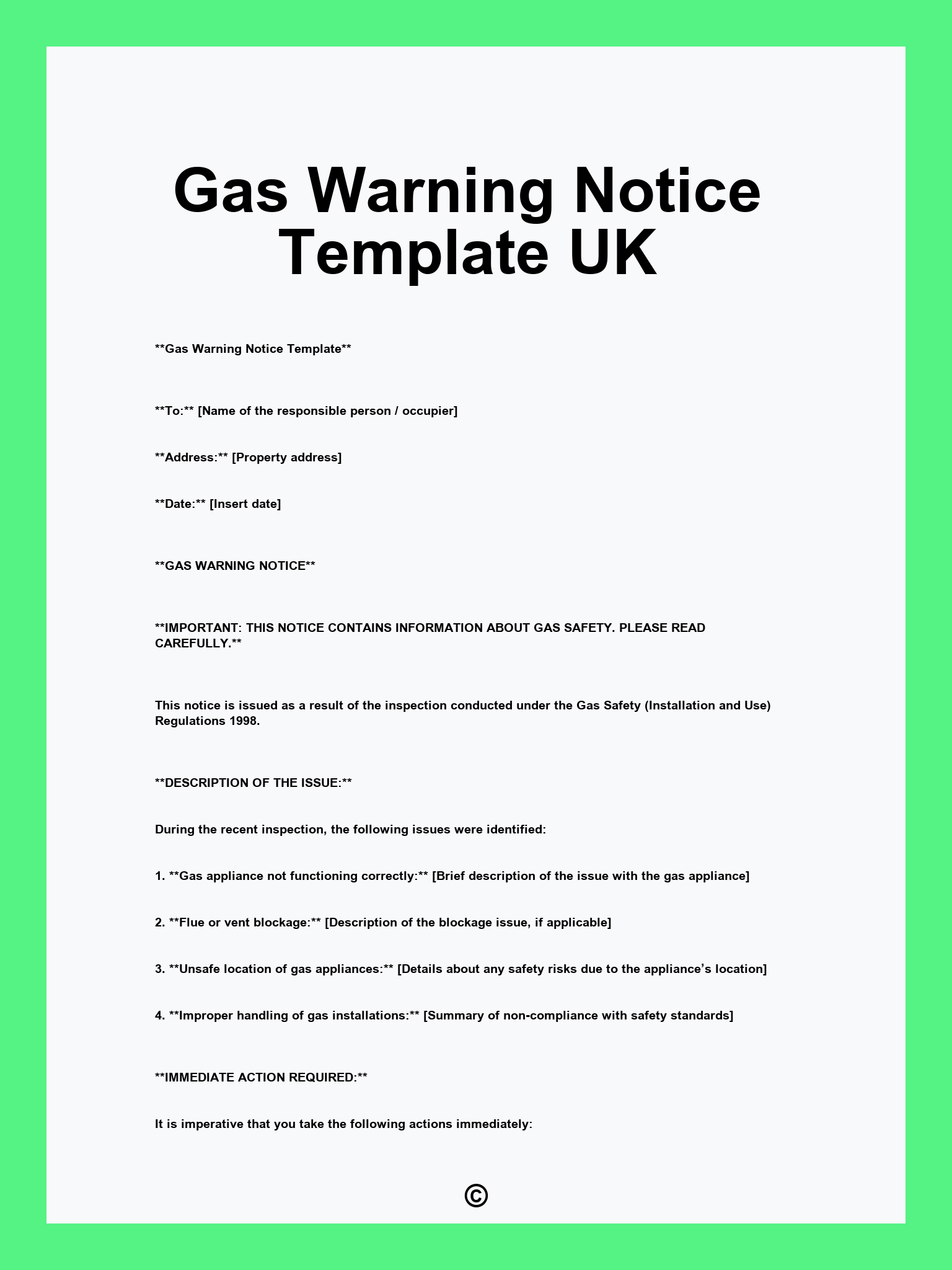 Gas Warning Notice Template UK
