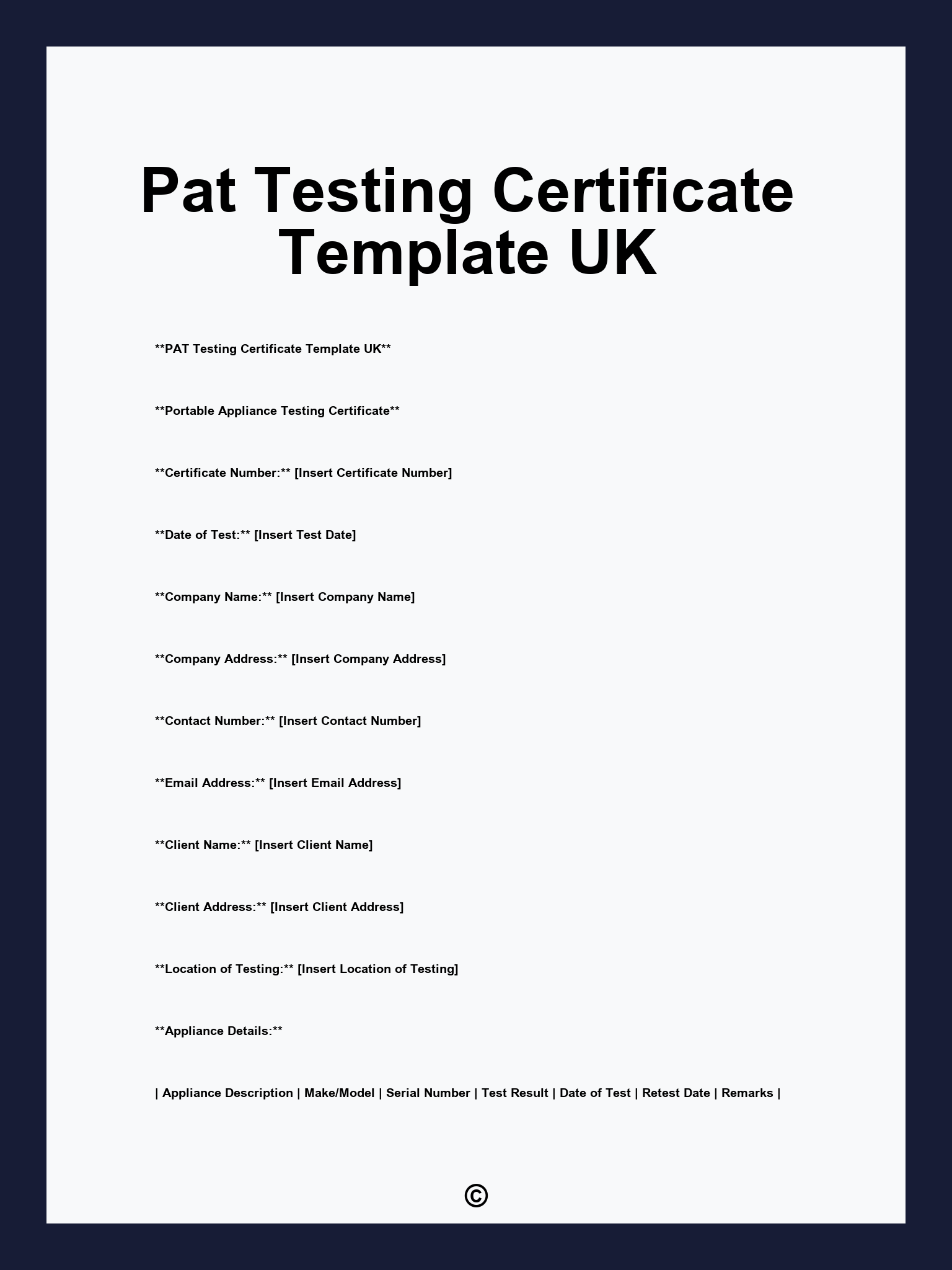 Pat Testing Certificate Template UK
