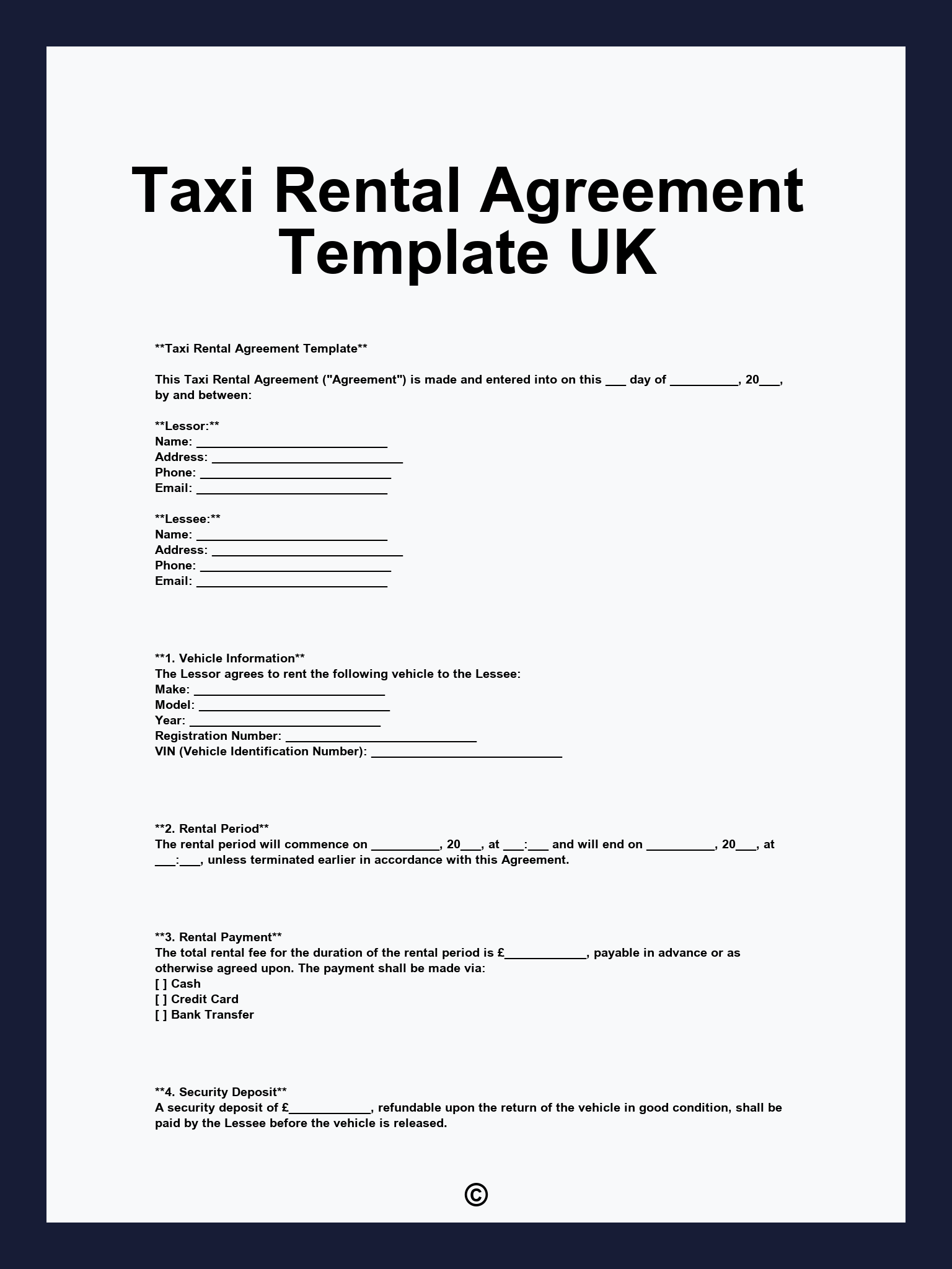 Taxi Rental Agreement Template UK